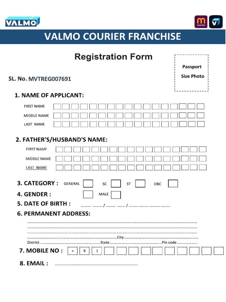 Valmo Franchise Registration Form 1 | PDF
