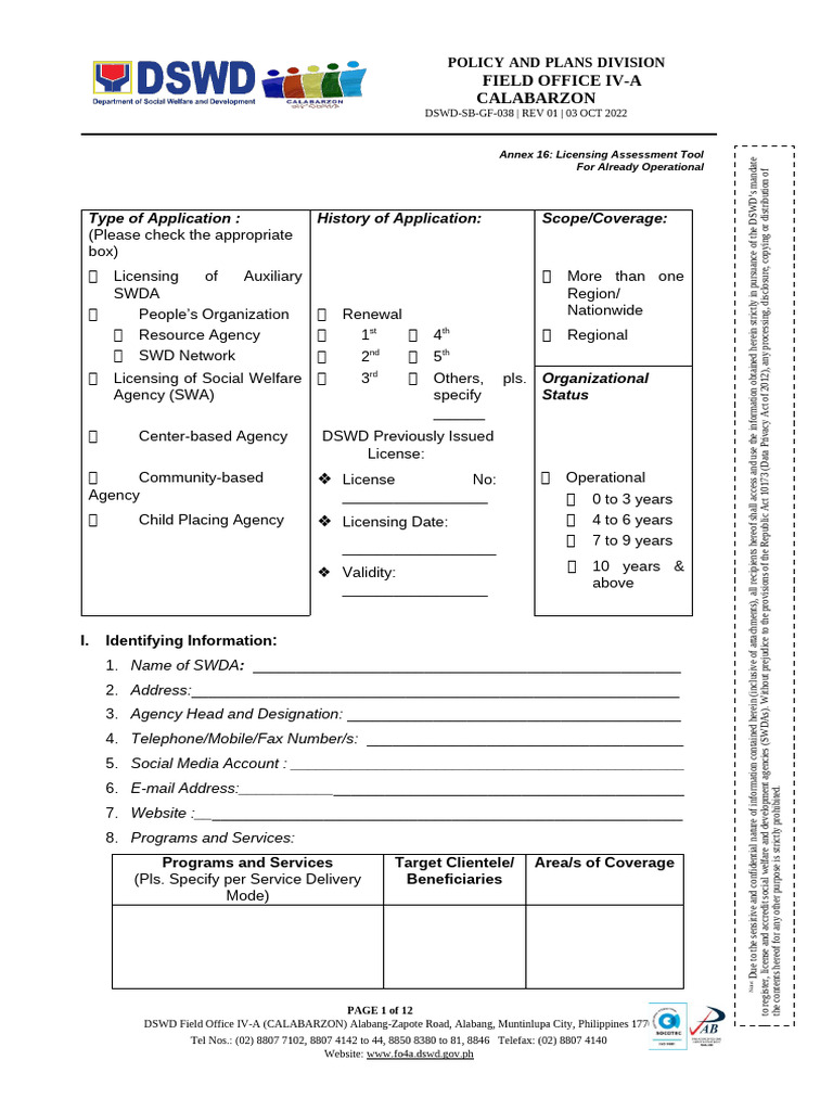 DSWD SB GF 061 REV 01 Licensing Assessment Tool Operational | PDF ...