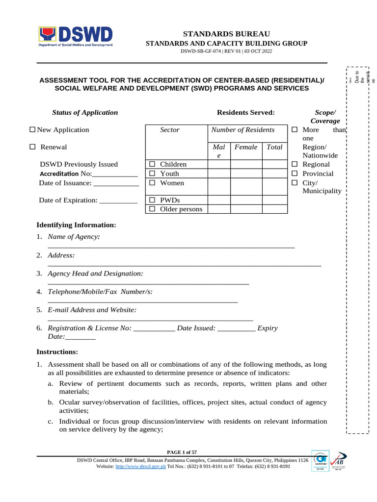 DSWD Accreditation Assessment Tool | PDF | Regulatory Compliance | Privacy