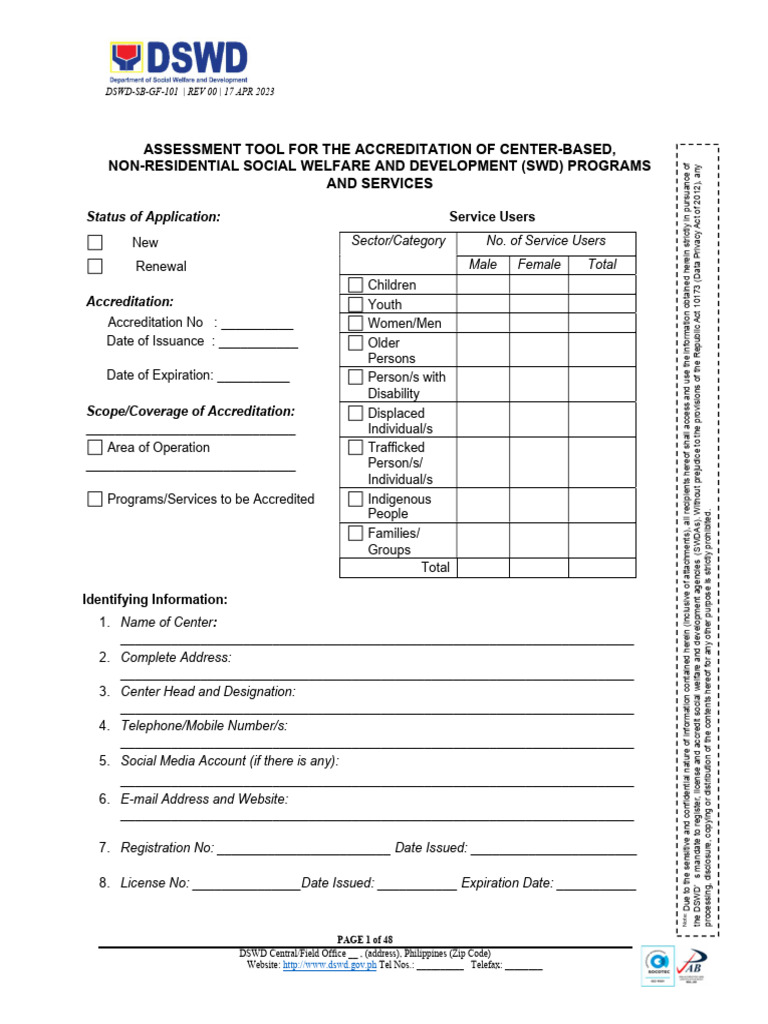 DSWD SB GF 101 Rev 00 Assessment Tool For The Accreditation of Center ...