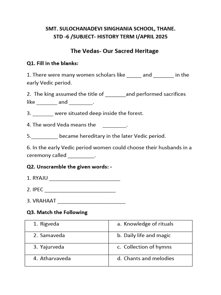 Vedic Civilization: Class 6 Worksheet | PDF