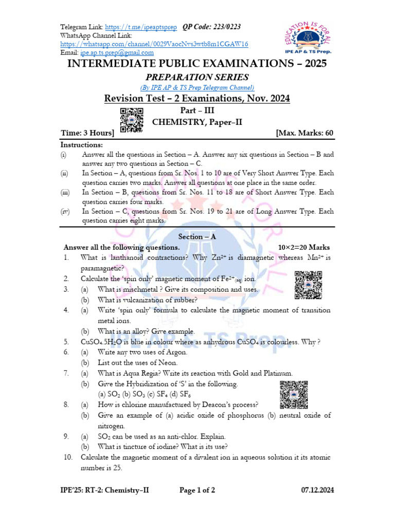 IPE'25 RT-2 Chemistry-II | PDF | Coordination Complex | Chemistry