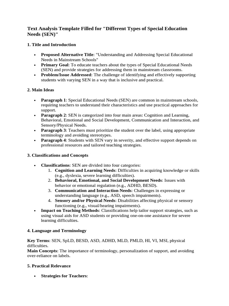 Text Analysis Template Filled For | PDF | Special Education | Learning ...