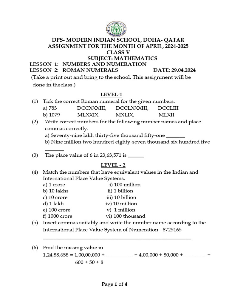 Grade V Mathematics April Month Assignment | PDF | Mathematical ...