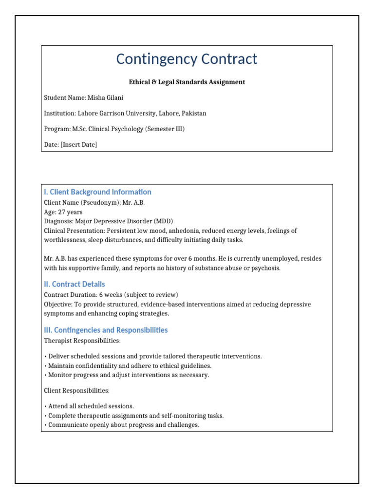 Contingency Contract Assignment Final | PDF | Major Depressive Disorder ...