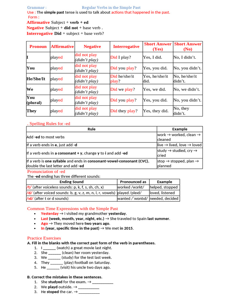 Simple Past Tense: Regular Verbs Guide | PDF | Languages | Foreign ...