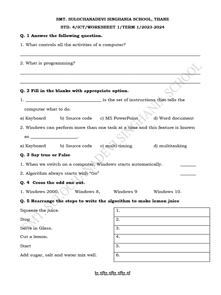 20230728-ICT-Material-Std. 4 ICT Worksheet 1_Term 1_2023 | PDF