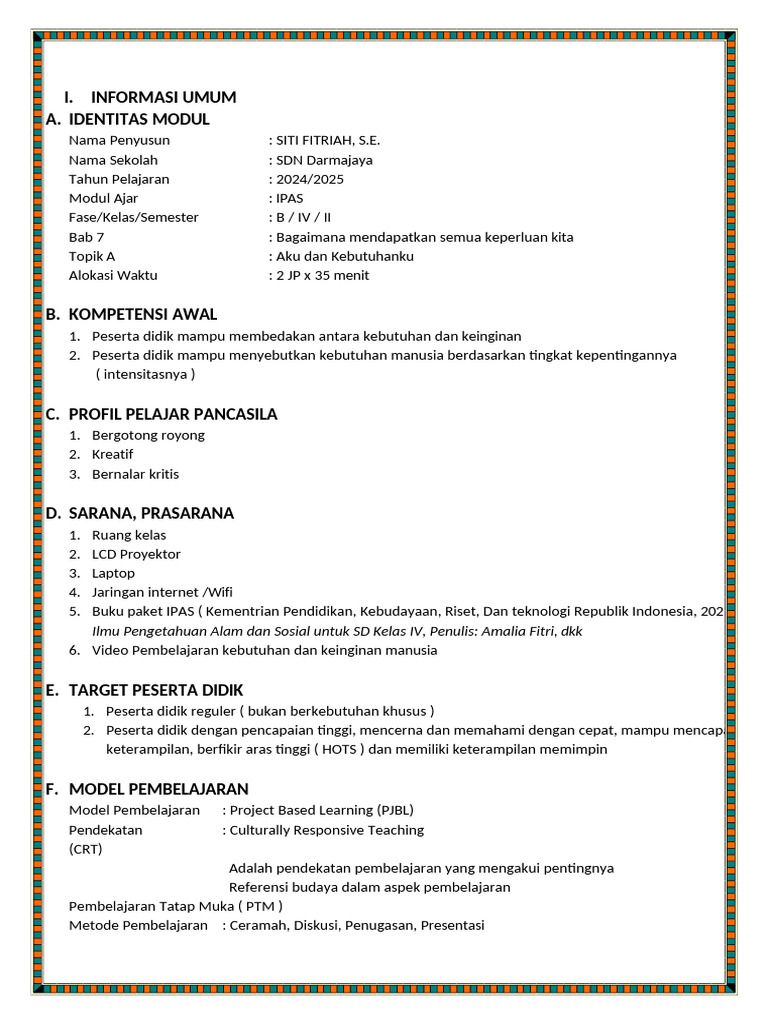 Modul Ajar PPG SD Kelas IV 2025 | PDF