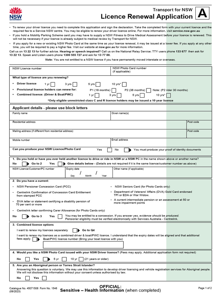 NSW 45071506-Licence-Renewal-Application | PDF | Driver's License | Glasses