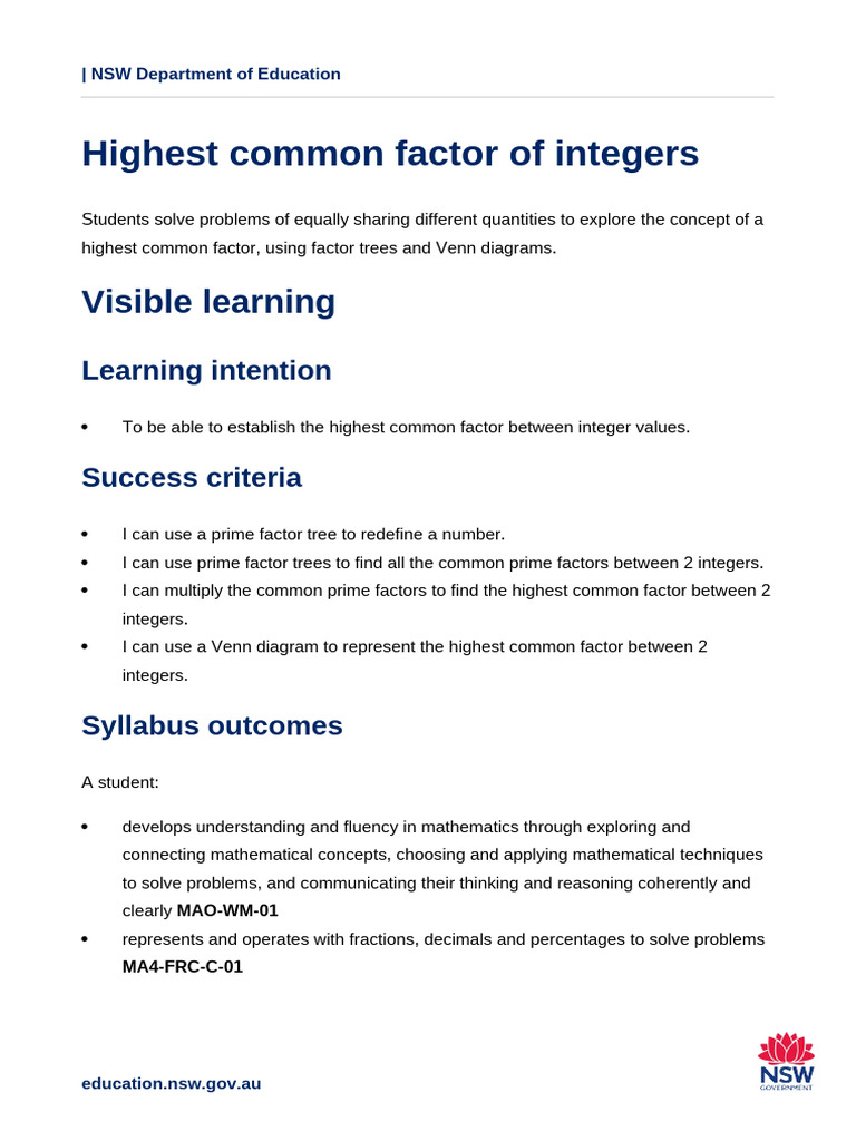 Mathematics s4 Unit 03 Lesson 01 Highest Common Factor of Integers ...