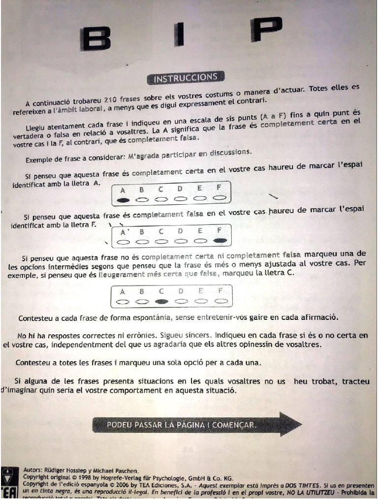 TEST BIP (Test y Hoja de Respuestas) | PDF