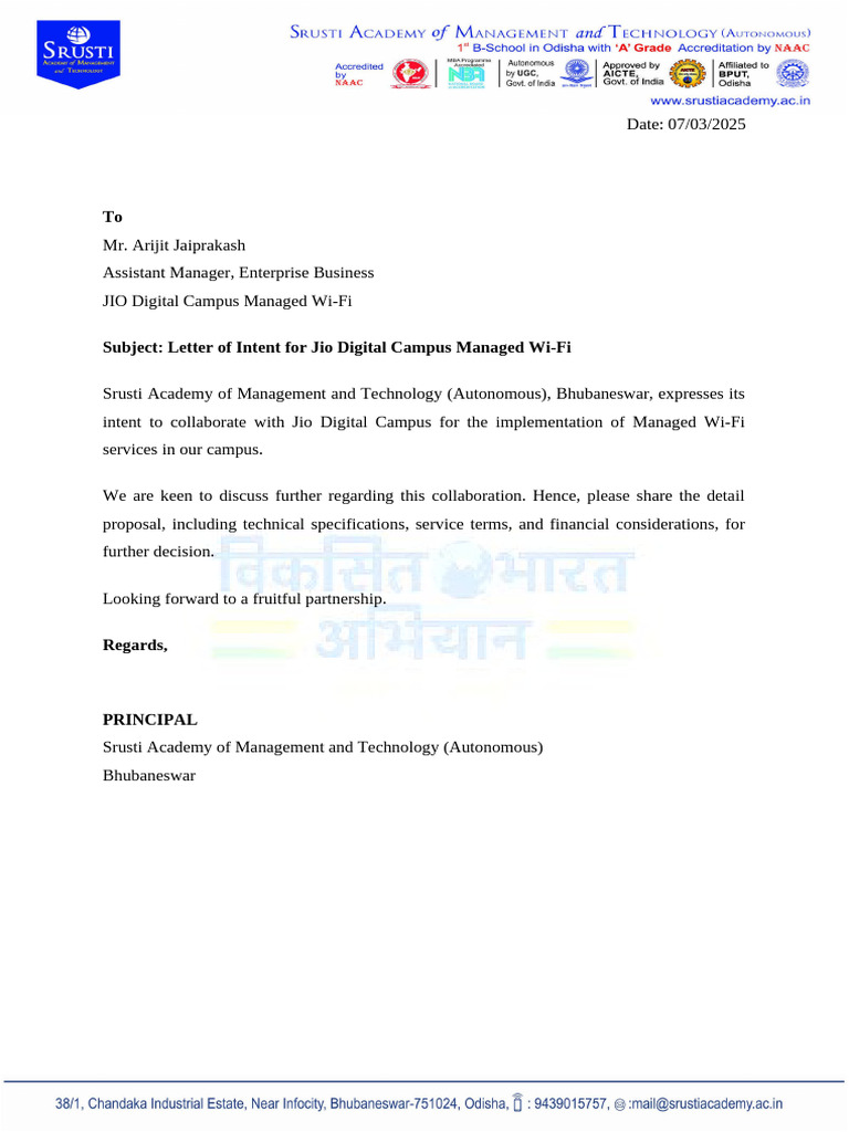 Letter of Intent For Jio Digital Campus Managed Wi-Fi | PDF