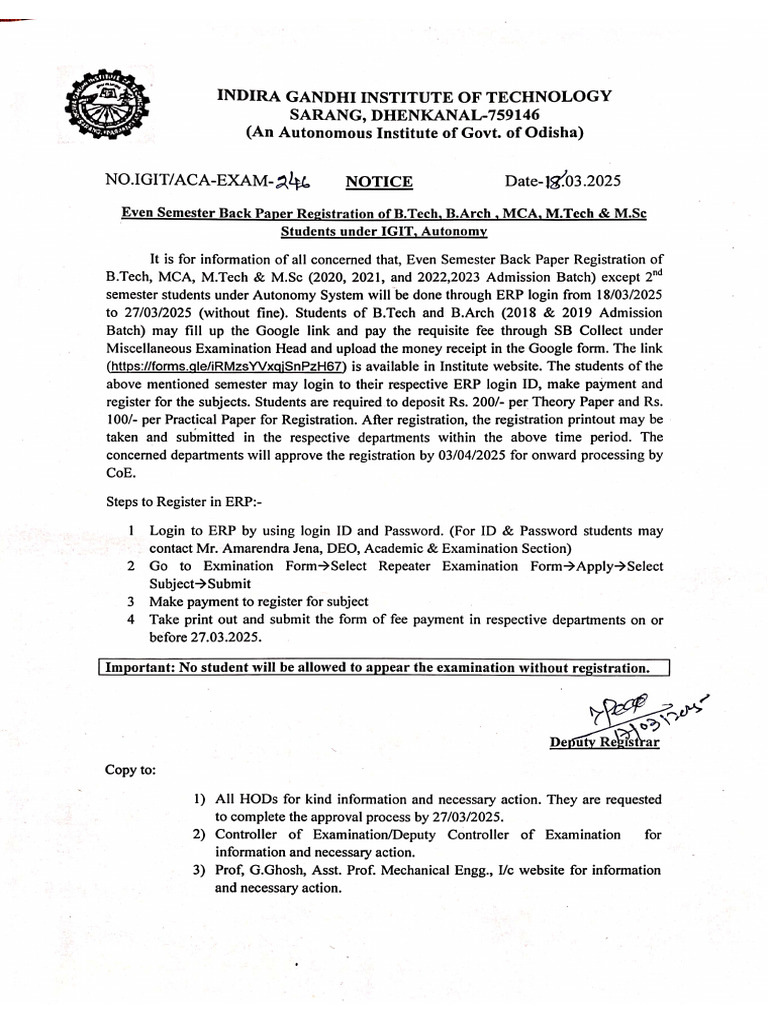 Even Semester Back Paper Registration Under Igit Autonomy (1 ...