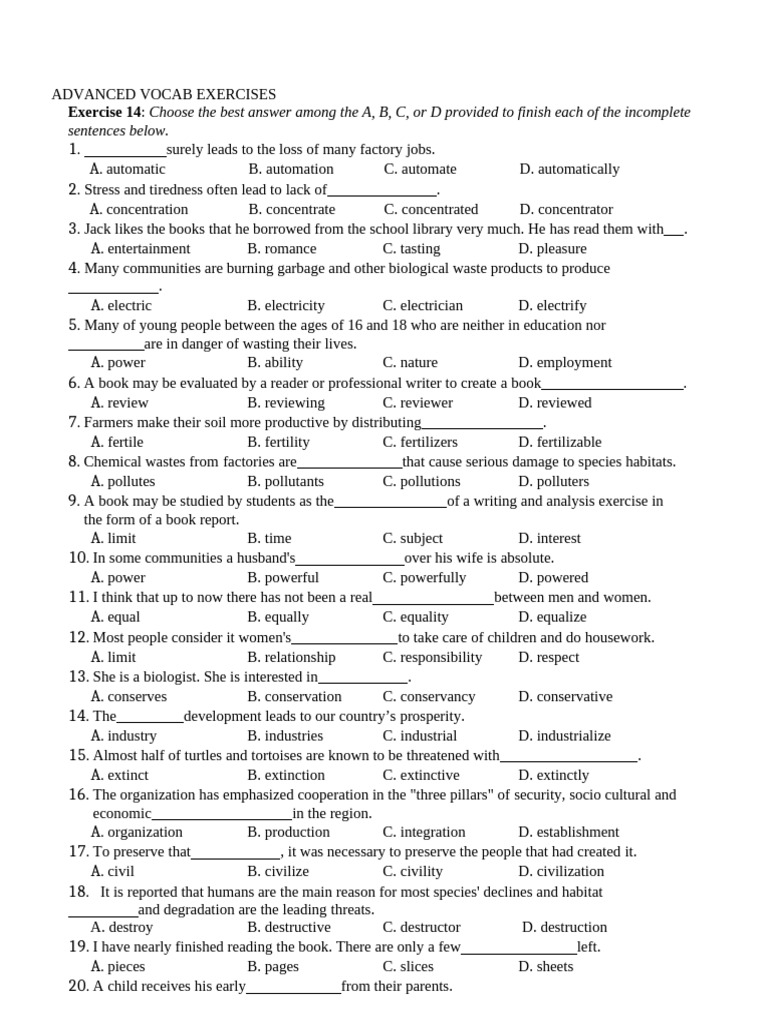 Advanced Vocab Exercises | PDF | Vietnam