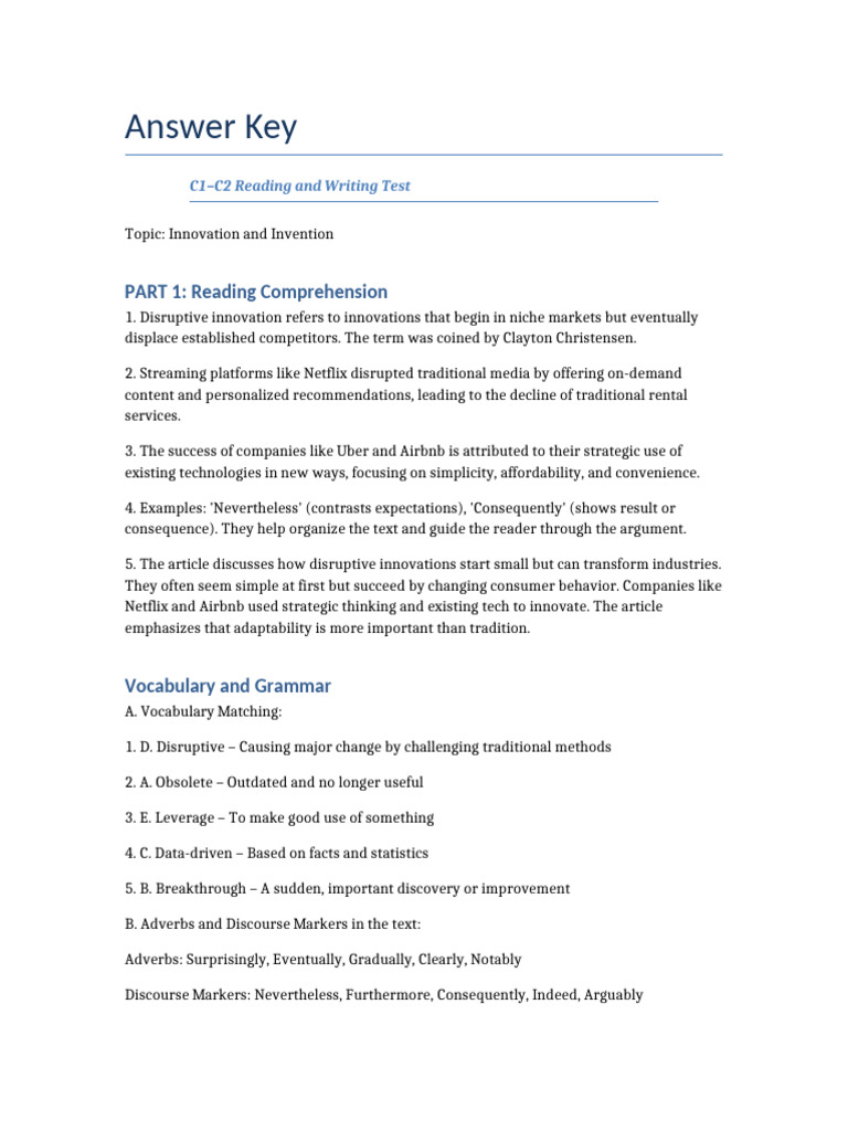 C1-C2 Reading Writing Test Answer Key | PDF