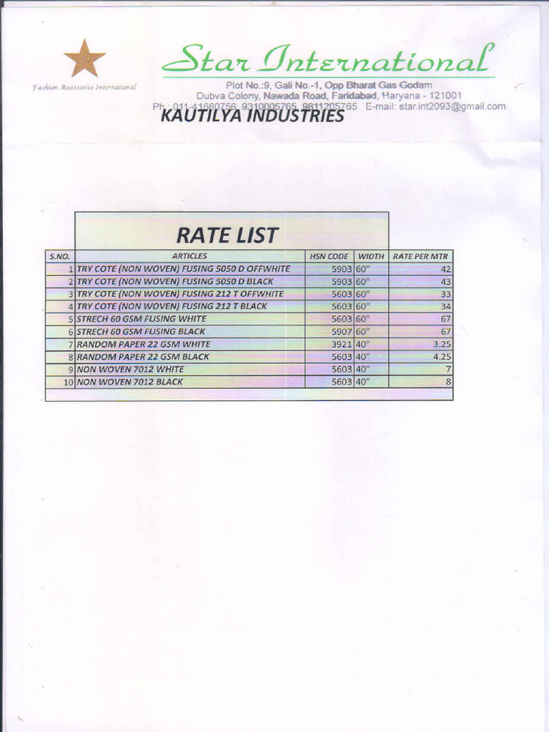 Rate List | PDF