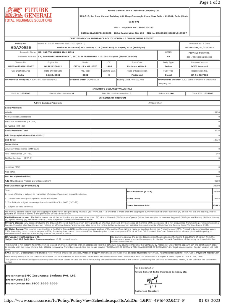 Future Generali Vehicle Insurance Policy | PDF | Insurance | Deductible