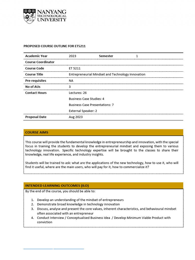 ET5211 Technopreneurial Mindset and Technology Innovation Course Outline (1) - Mark | PDF ...