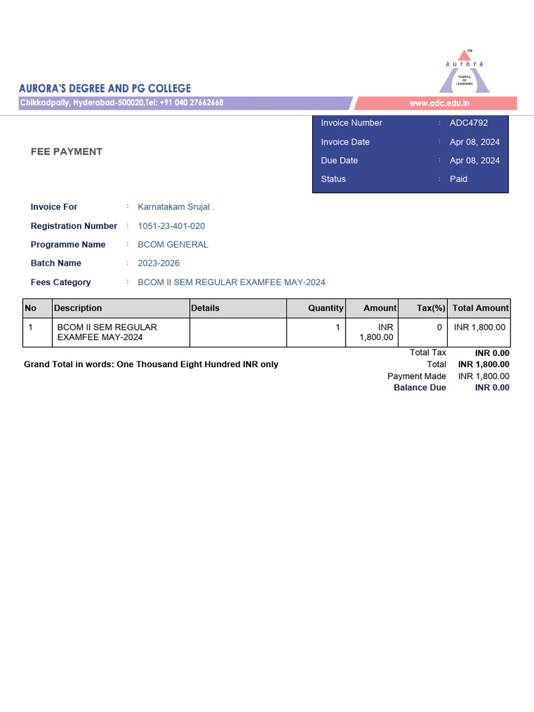 BCOM II SEM Exam Fee Payment Receipt | PDF