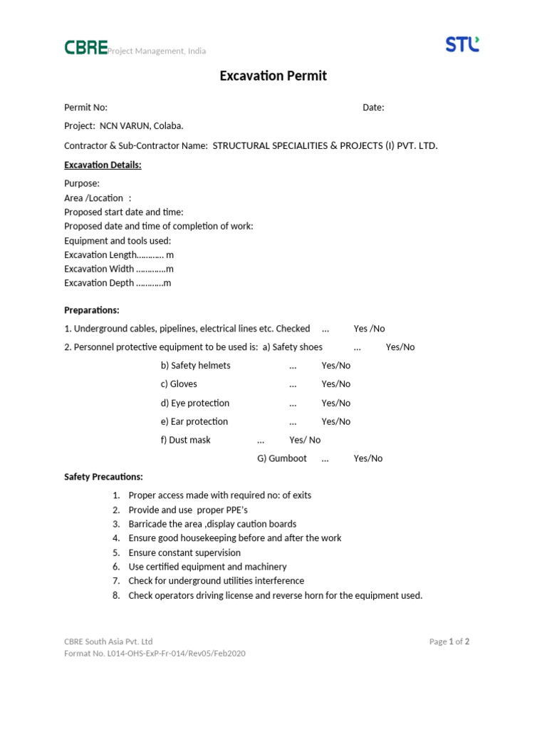 L014-OHSE Excavation Permit Format | PDF | Personal Protective ...