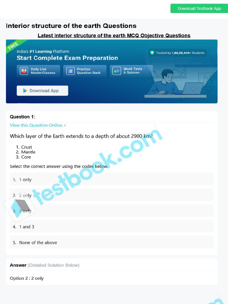 MCQ On Interior Structure of The Earth 5eea6a1239140f30f369ed31 | PDF