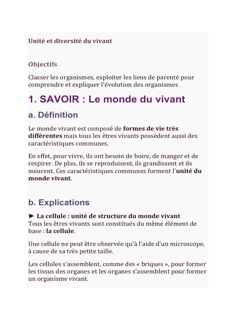 Unité et diversité des êtres vivants | PDF | Cellule (Biologie ...