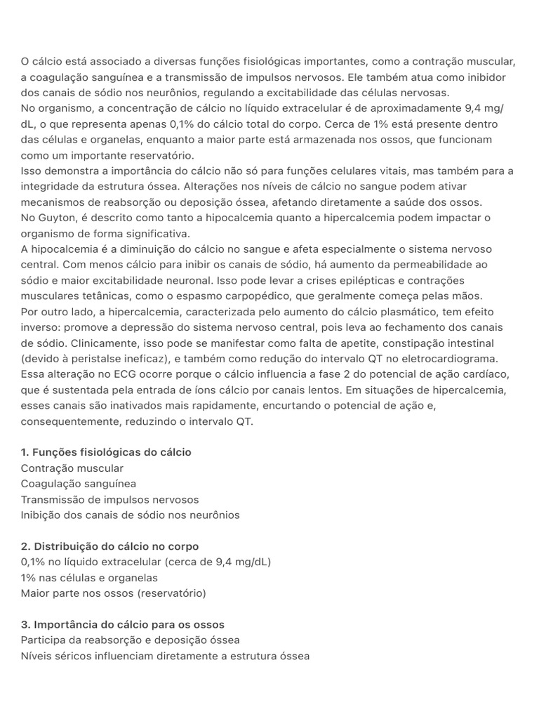 Funções e Efeitos do Cálcio no Organismo | PDF | Cálcio | Potencial de ação
