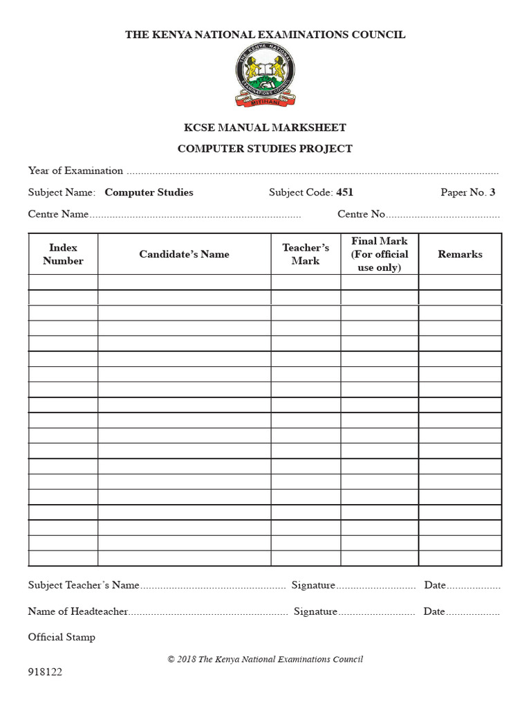 KCSE Computer Studies Marksheet | PDF