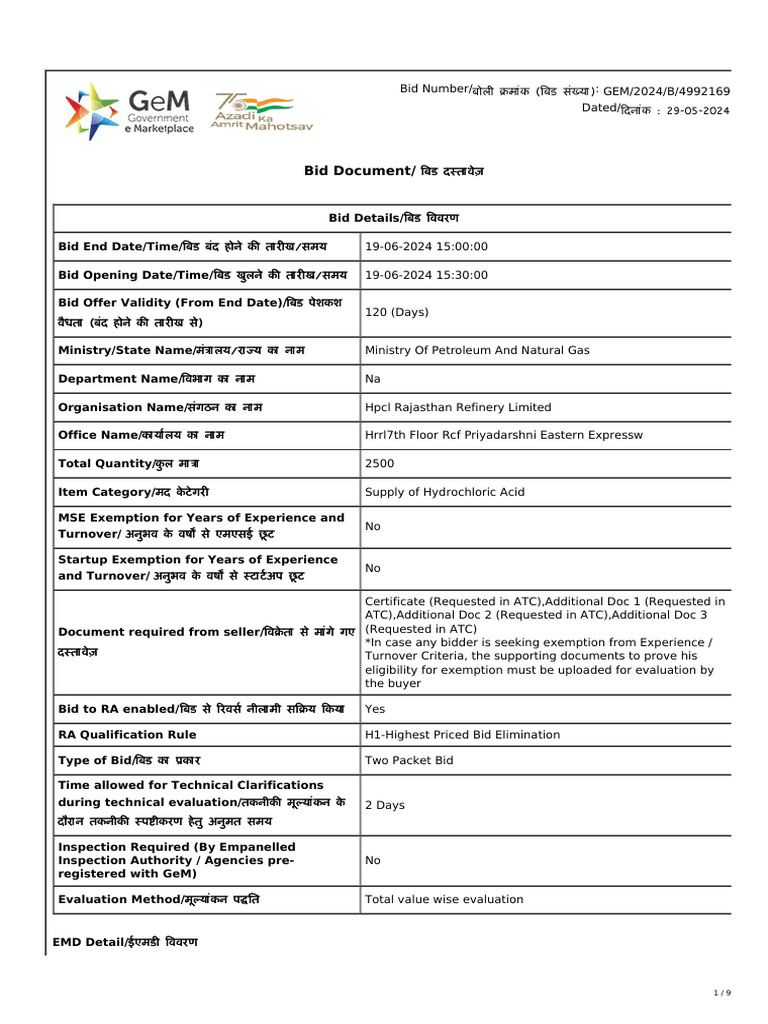 MSME EMD Exemption Bid for Hydrochloric Acid | PDF | Auction | Procurement