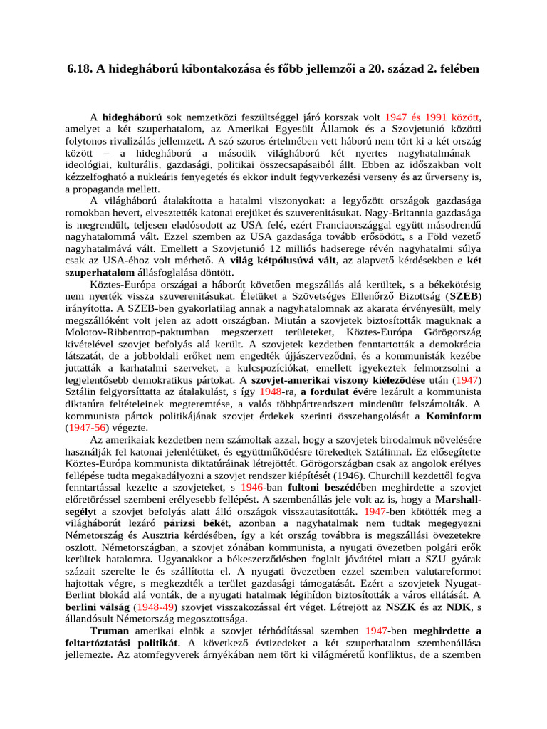 A Hideghaboru Kibontakozasa Es Fobb Jellemzoi A 20. Szazad 2. Feleben | PDF