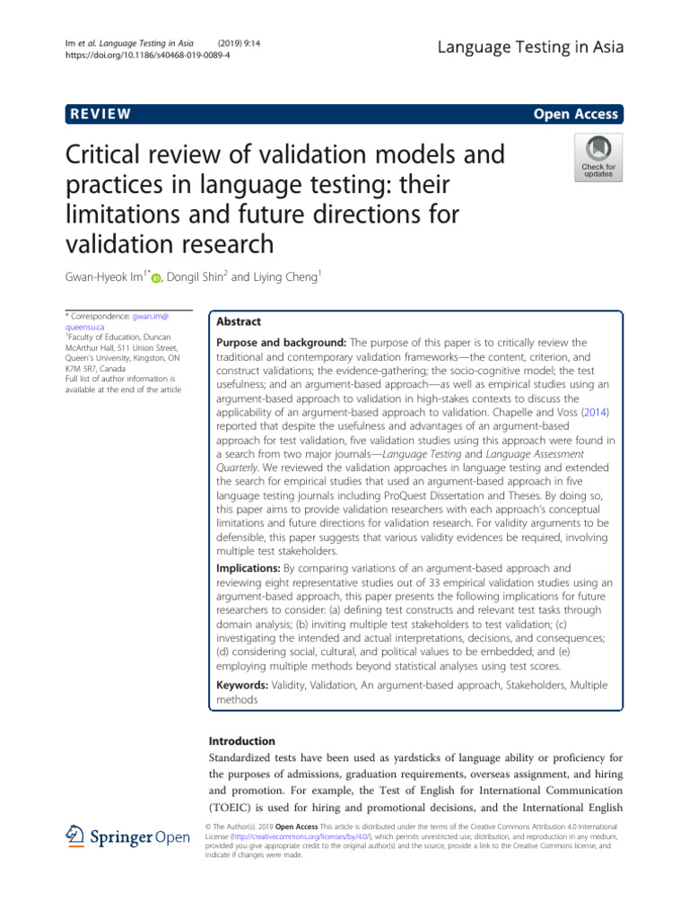 Critical Review of Validation Models and Practices in Language Testing ...