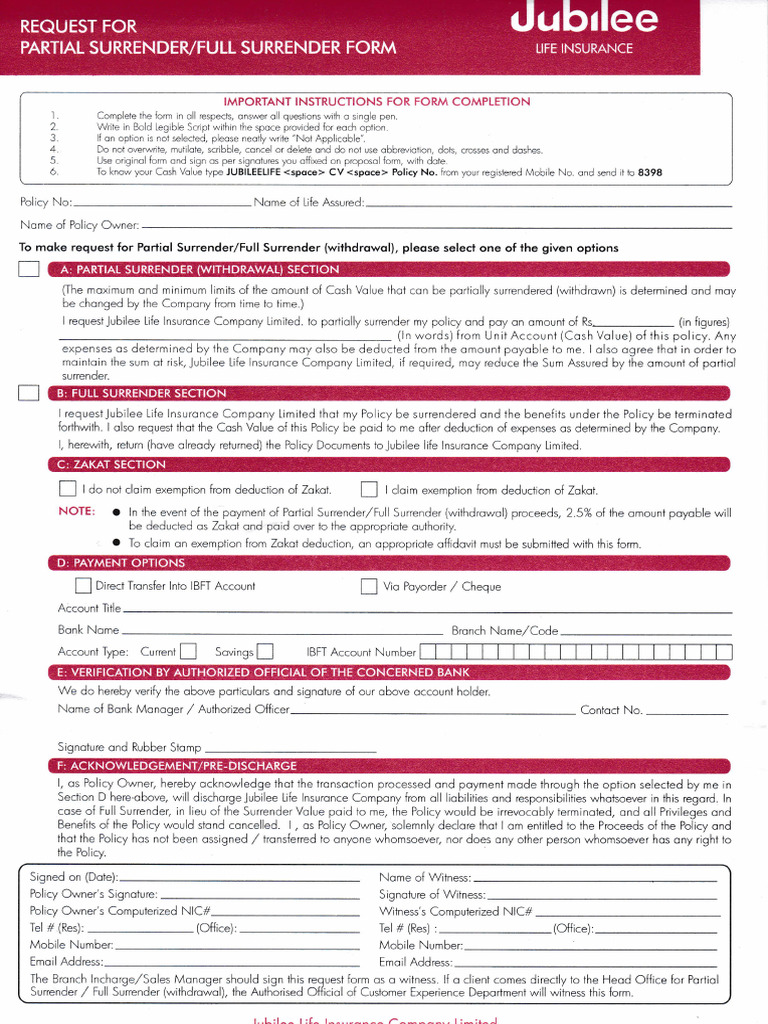 Jubilee Surrender Form | PDF