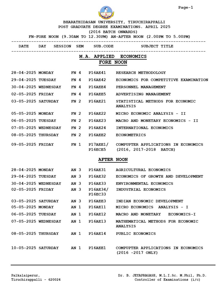 Bharathidasan University Exam Schedule | PDF | Economics | Biotechnology
