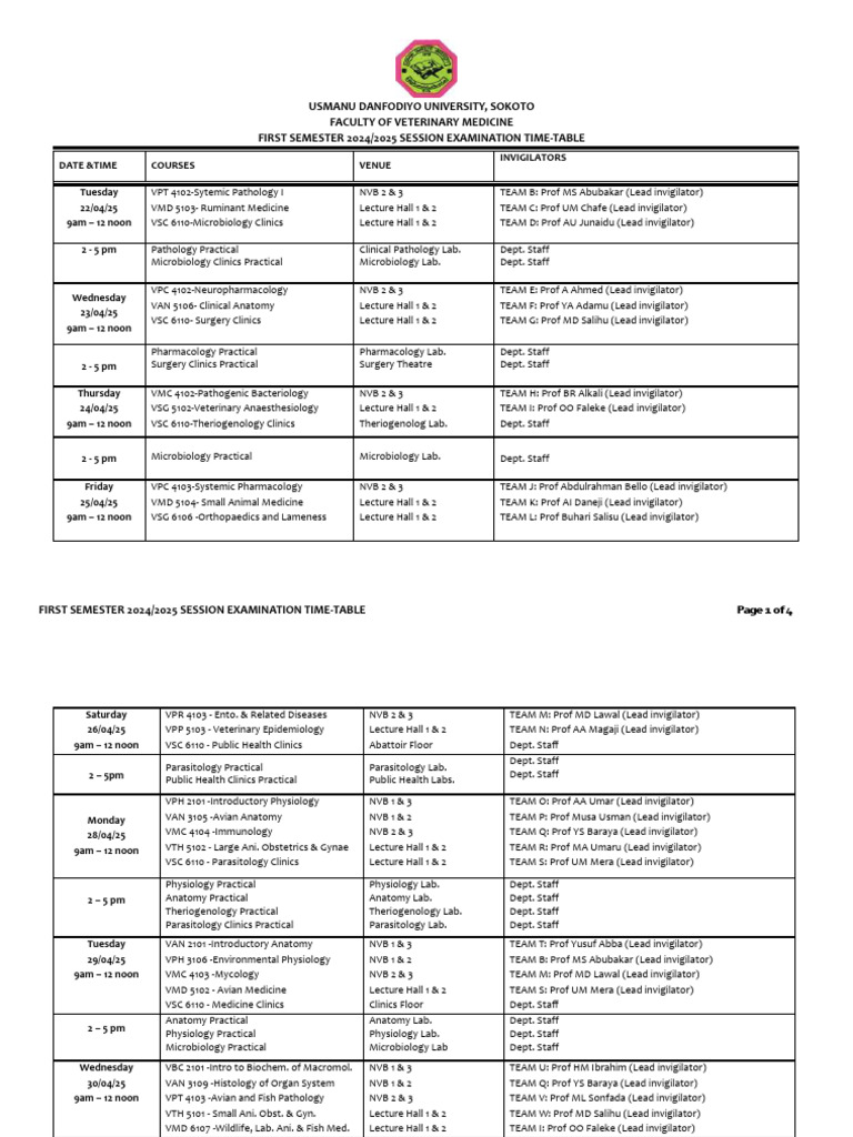 Veterinary Medicine Exam Timetable 2024/25 | PDF | Medicine | Biology