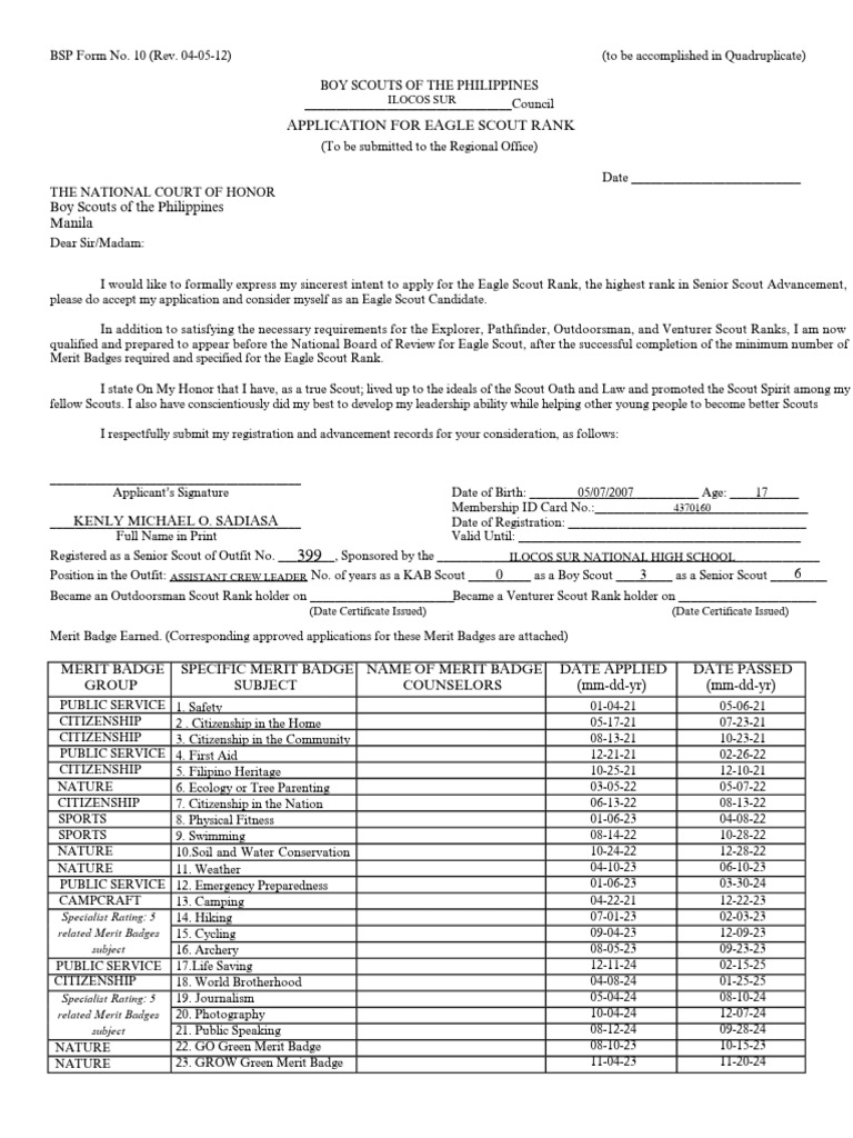 Eagle Scout Application Form | PDF | Scouting | Boy Scouts Of America