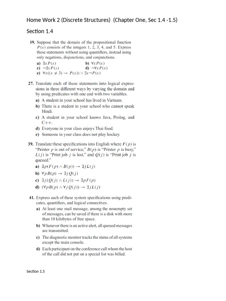 Home Work 2 (Discrete Structures) (Chapter One, Sec 1.4 - 1.5) Section 1.4 | PDF