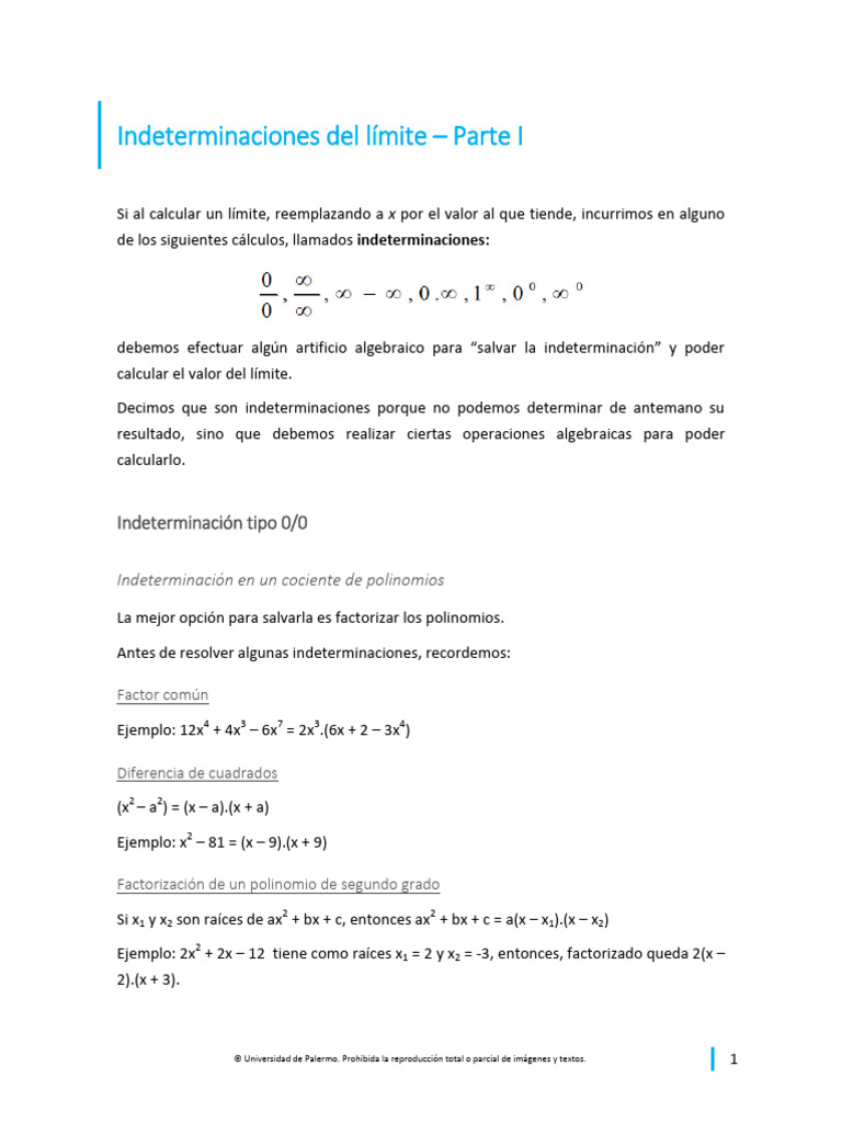 Indeterminaciones de límite 0/0 | PDF | Factorización | Matemática ...