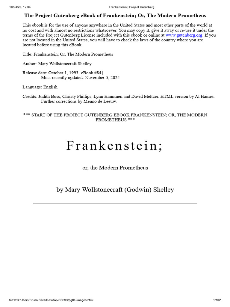 Frankenstein - Project Gutenberg | PDF | Frankenstein