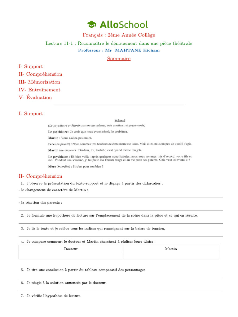 Lecture 11 1 Reconnaitre Le Denouement Dans Une Piece Theatrale 2 | PDF