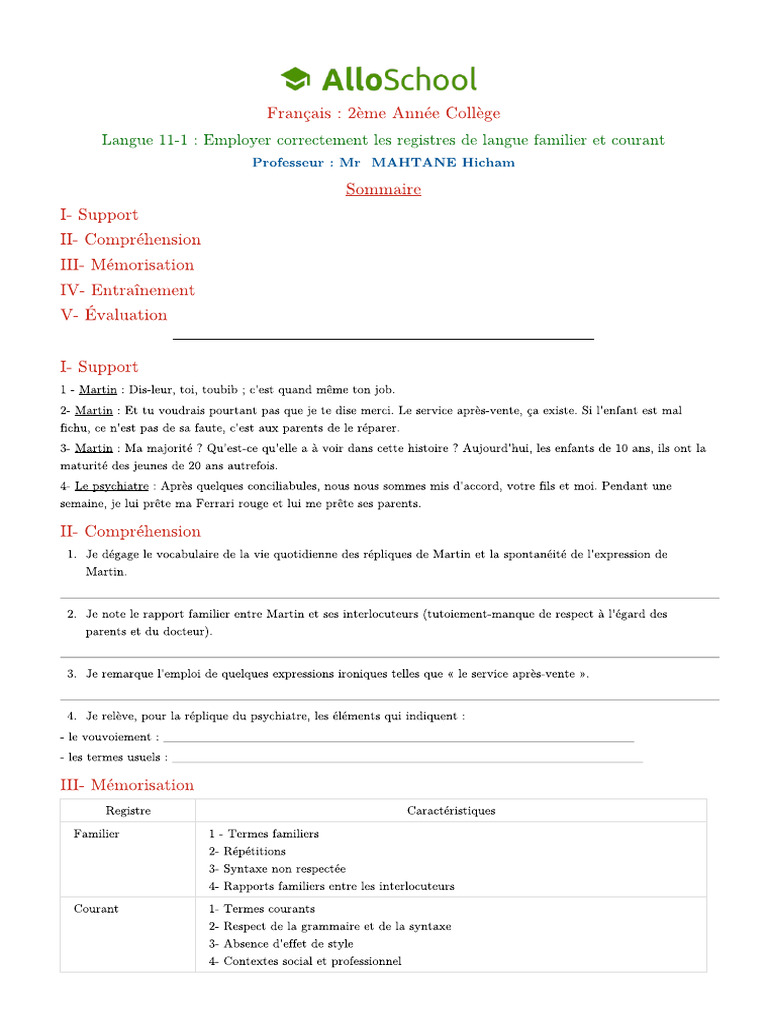 Langue 11 1 Employer Correctement Les Registres de Langue Familier Et ...