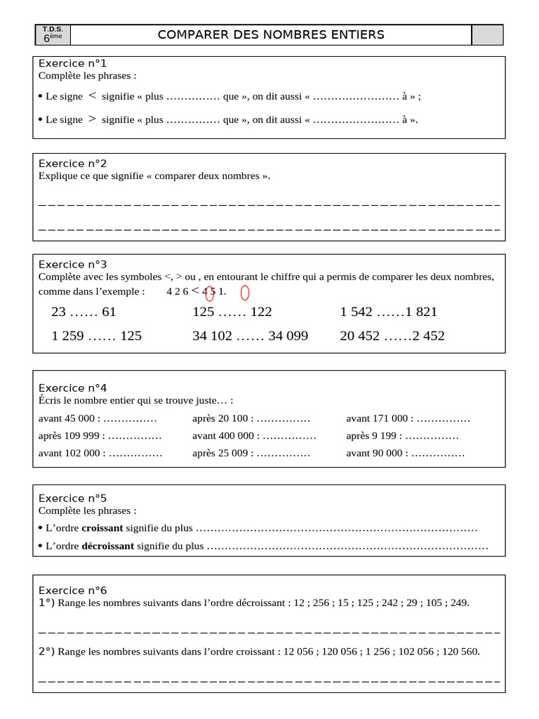 Comparaison de Nombres Entiers 6ème | PDF