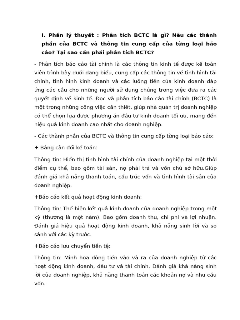 I. Phần lý thuyết: Phân tích BCTC là gì? Nêu các thành phần của BCTC và thông tin cung cấp của ...