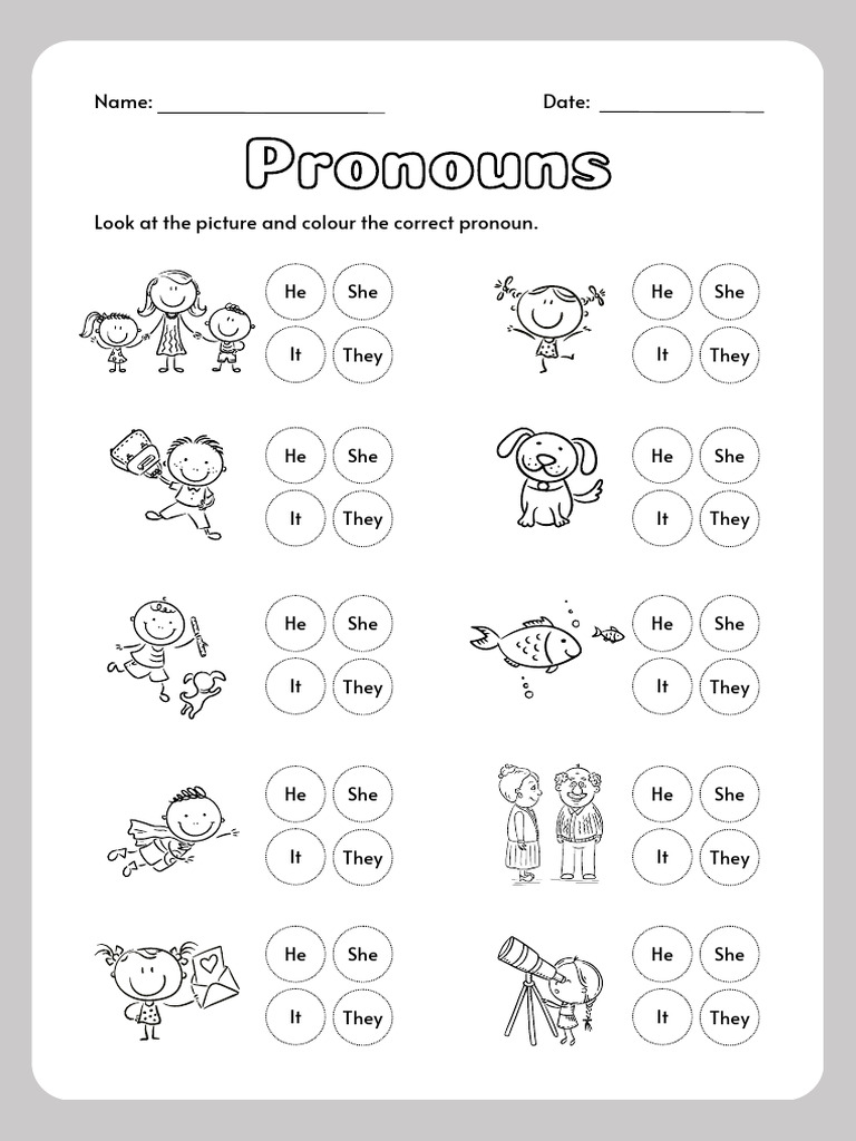 Black and White Cute Pronouns Worksheet | PDF