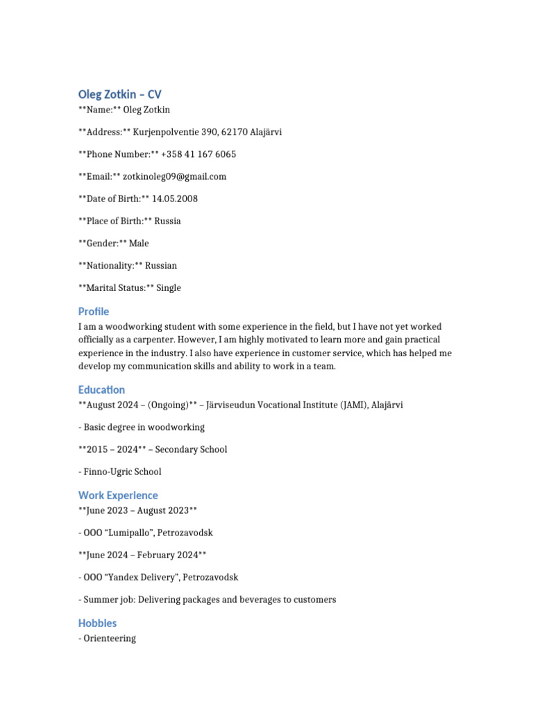 Oleg Zotkin's Woodworking CV | PDF