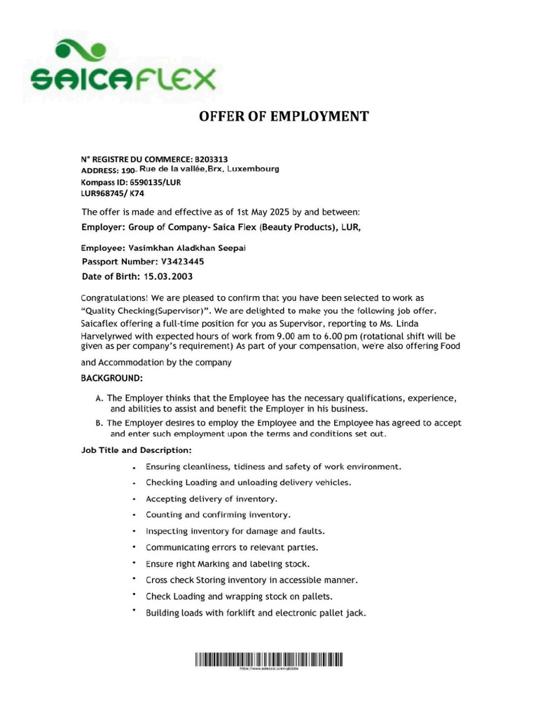 Offer Letter Saica Flex | PDF