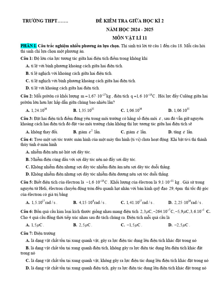 De Thi GK2 Vat Li 11 CTST de 1 | PDF