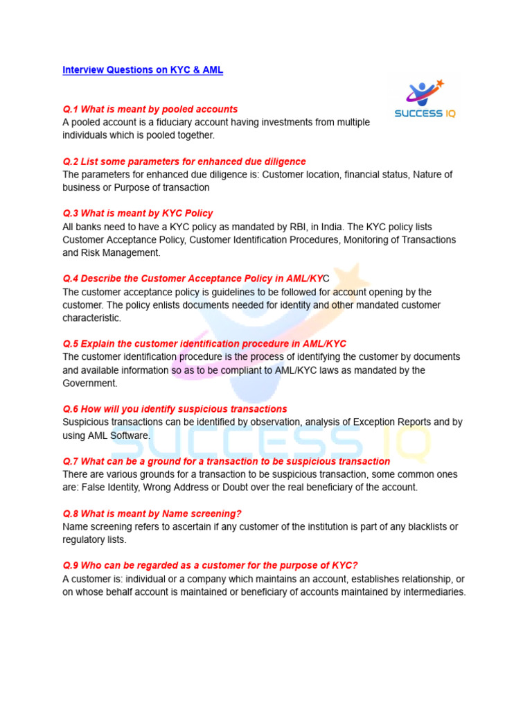 Interview - Prep - Kyc & Aml 50q | PDF | Money Laundering | Regulatory Compliance