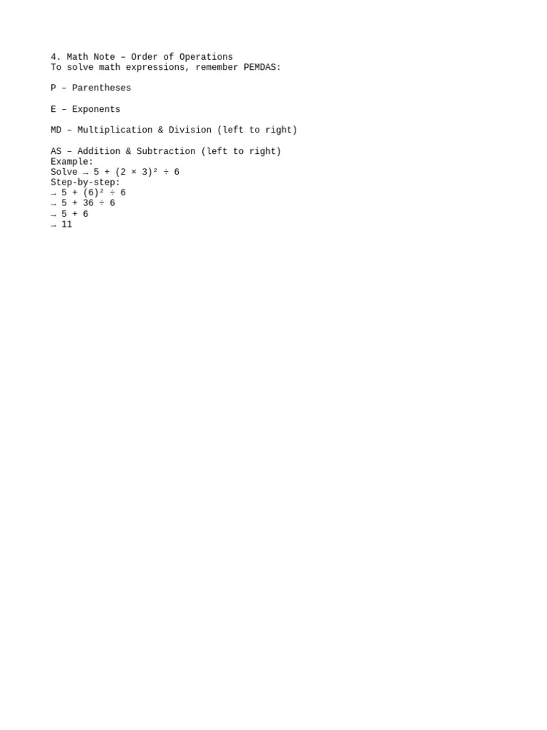 Math Note - Order of Operations | PDF