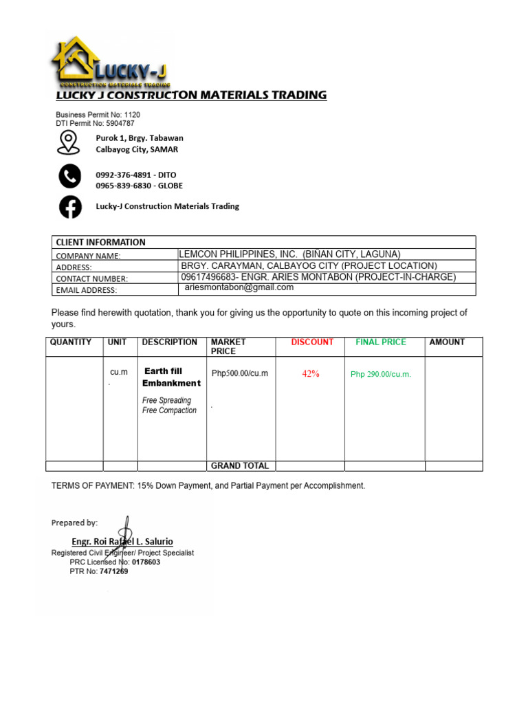 Backfill Cost Quotation for Lemcon | PDF