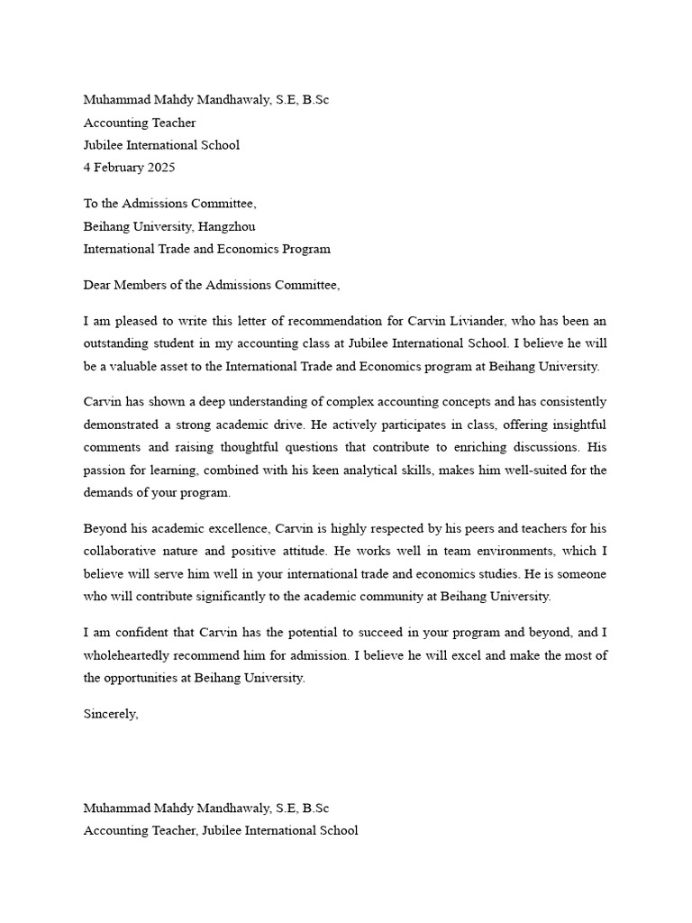 Recommendation Letter Carvin | PDF | Behavior Modification | Social ...